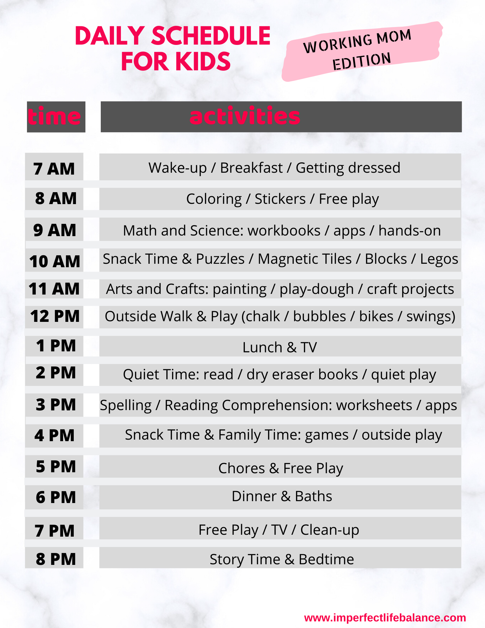 Kids’ Daily Schedule for Working Moms - Imperfect Life Balance